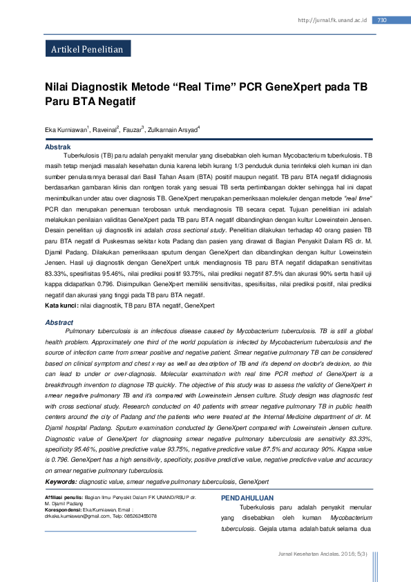 (PDF) Nilai Diagnostik Metode “Real Time” PCR GeneXpert pada TB Paru ...