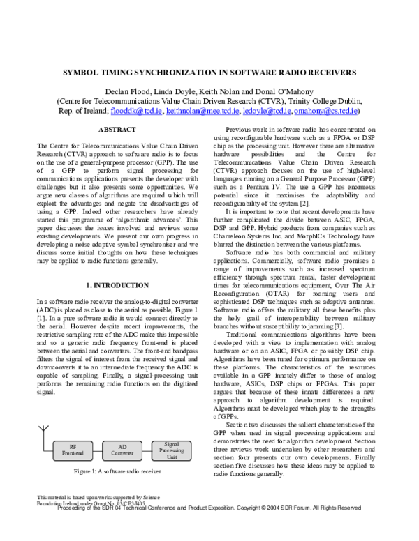 Pdf Symbol Timing Synchronization In Software Radio Receivers