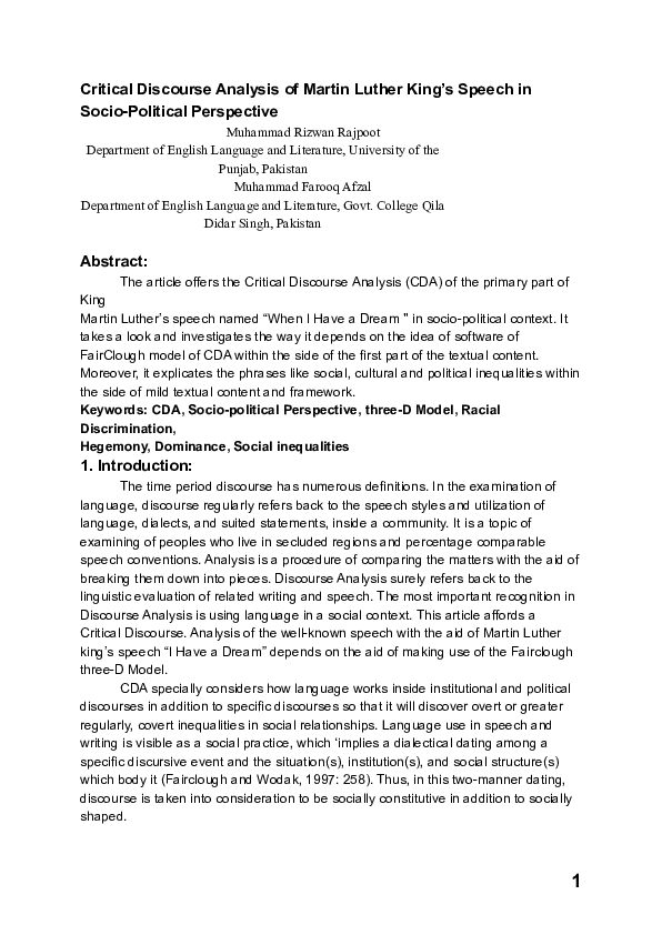 (PDF) Critical Discourse Analysis of Martin Luther King's Speech in ...