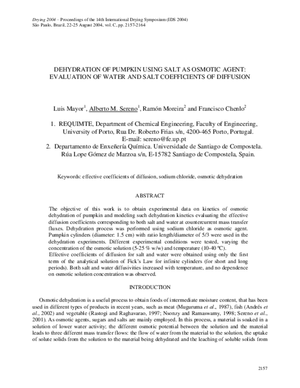 (PDF) Dehydration of Pumpkin Using Salt as Osmotic Agent: Evaluation of Water and Salt ...