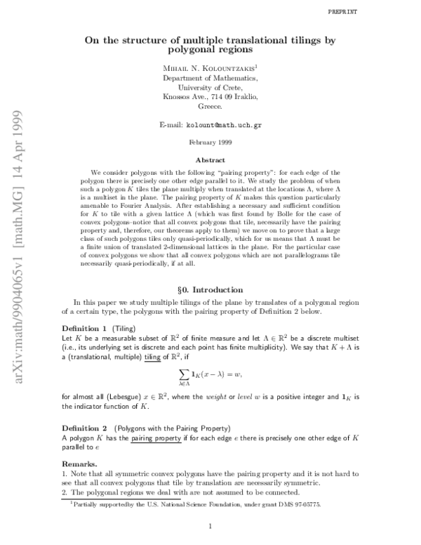 (PDF) On the structure of multiple translational tilings by polygonal regions