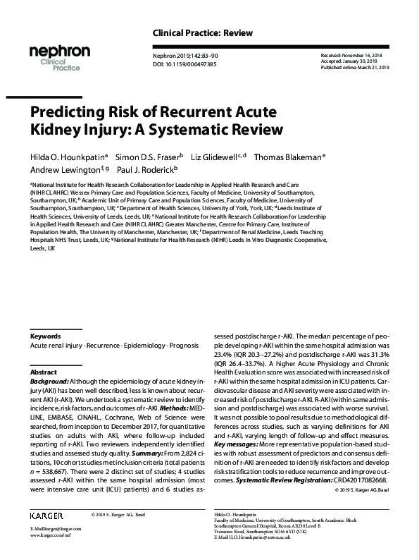 (PDF) Predicting Risk of Recurrent Acute Kidney Injury: A Systematic Review