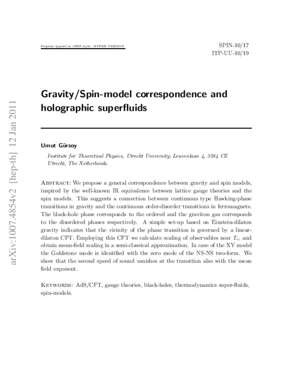 (PDF) Gravity/spin-model correspondence and holographic superfluids