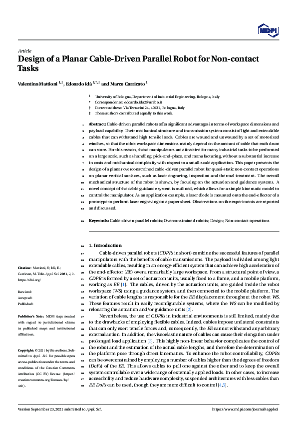(PDF) Design of a Planar Cable-Driven Parallel Robot for Non-contact Tasks