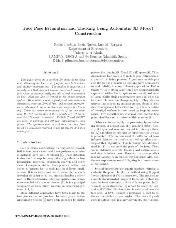 Pdf Face Pose Estimation And Tracking Using Automatic 3d Model