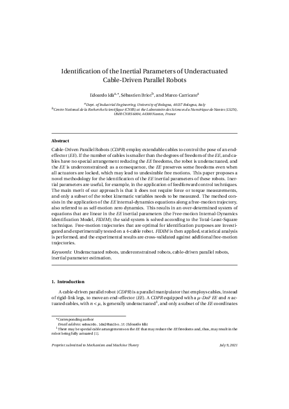 Pdf Identification Of The Inertial Parameters Of Underactuated Cable Driven Parallel Robots