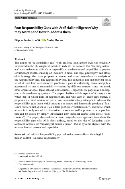 (PDF) Four Responsibility Gaps with Artificial Intelligence: Why they Matter and How to Address them