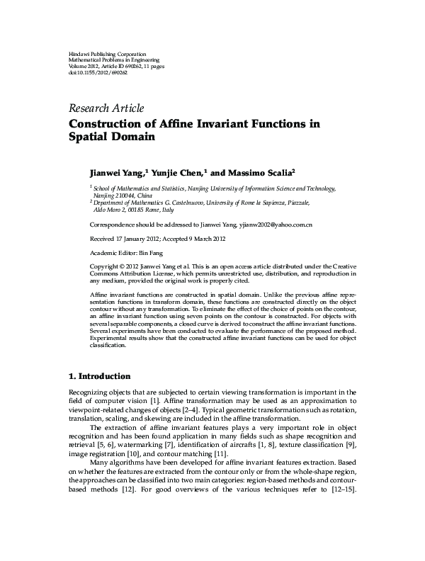 (PDF) Construction of Affine Invariant Functions in Spatial Domain