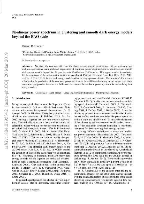 (PDF) Nonlinear power spectrum in clustering and smooth dark energy ...