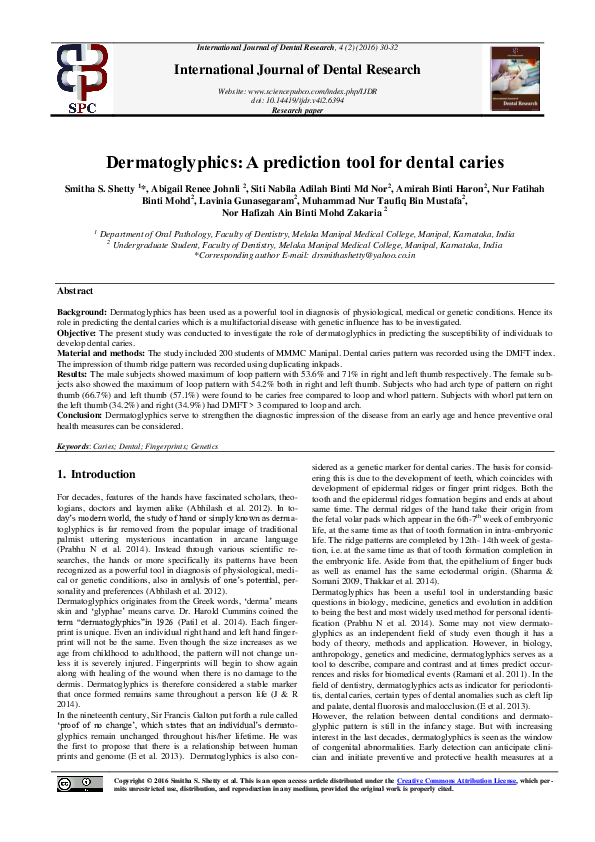 (PDF) Dermatoglyphics: A prediction tool for dental caries