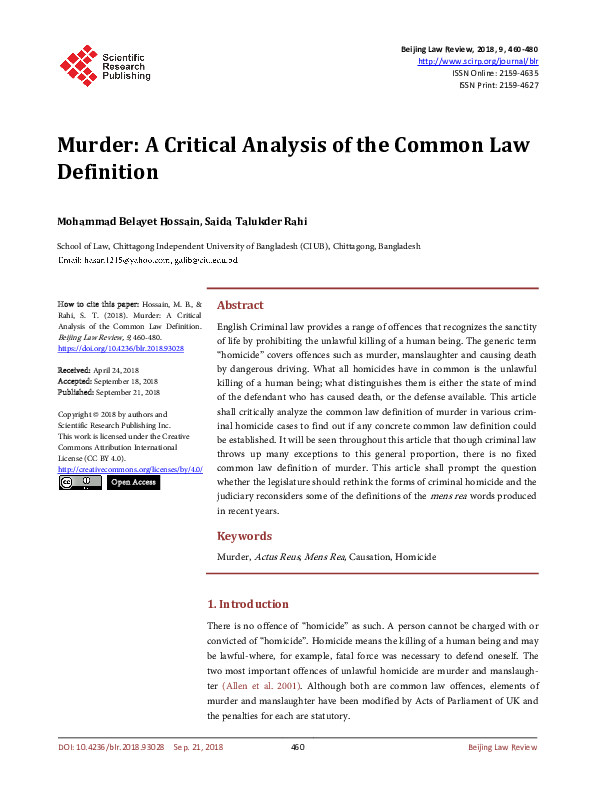(PDF) Murder: A critical analysis of the Common Law Definition