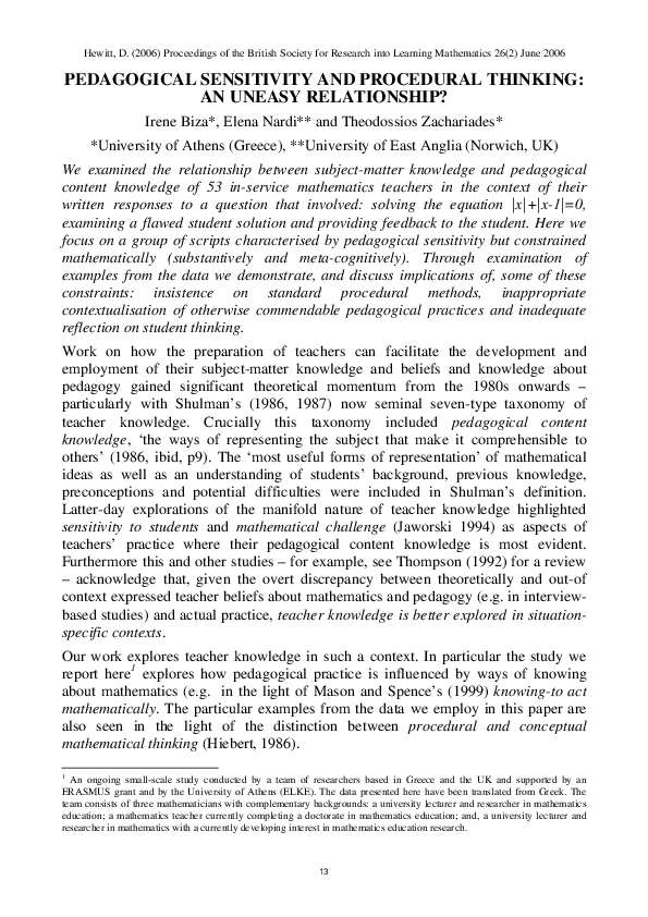 (PDF) Pedagogical Sensitivity and Procedural Thinking: An Uneasy ...
