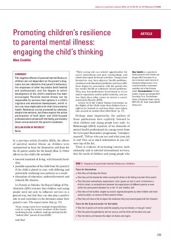 (PDF) Promoting children's resilience to parental mental illness ...
