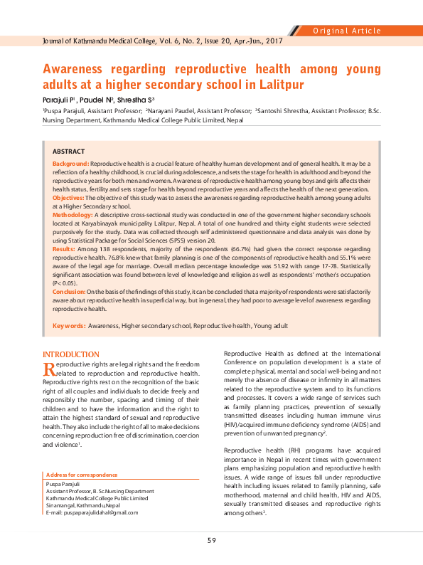 (PDF) Awareness regarding reproductive health among young adults at a ...