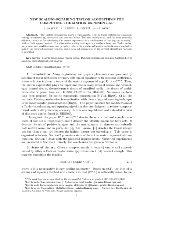 Pdf New Scaling Squaring Taylor Algorithms For Computing The Matrix Exponential
