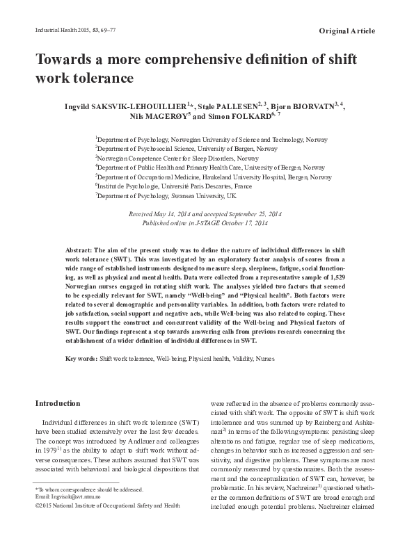 Pdf Towards A More Comprehensive Definition Of Shift Work Tolerance
