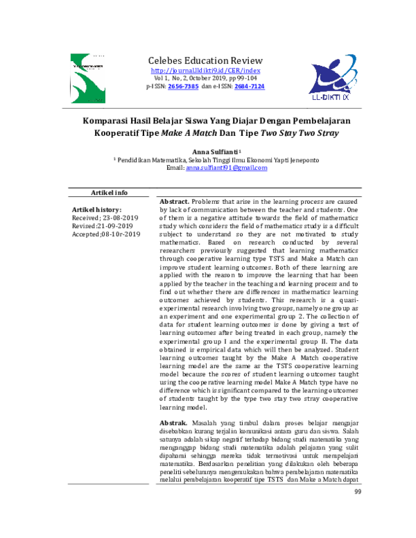 (PDF) Komparasi Hasil Belajar Siswa Yang Diajar Dengan Pembelajaran Kooperatif Tipe Make A Match ...
