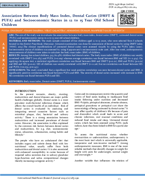 (PDF) Association between Body Mass Index, Dental Caries (DMFT PUFA ...