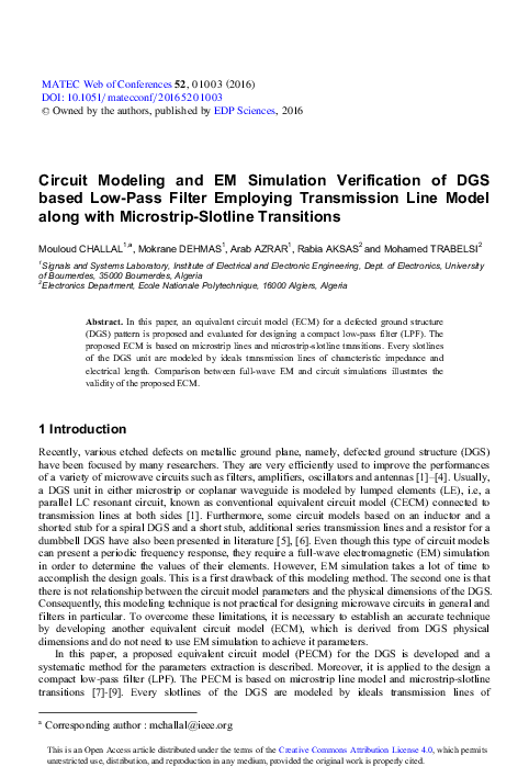 Circuit Modeling and EM Simulation Verification of DGS based Low-Pass Filter Employing ...