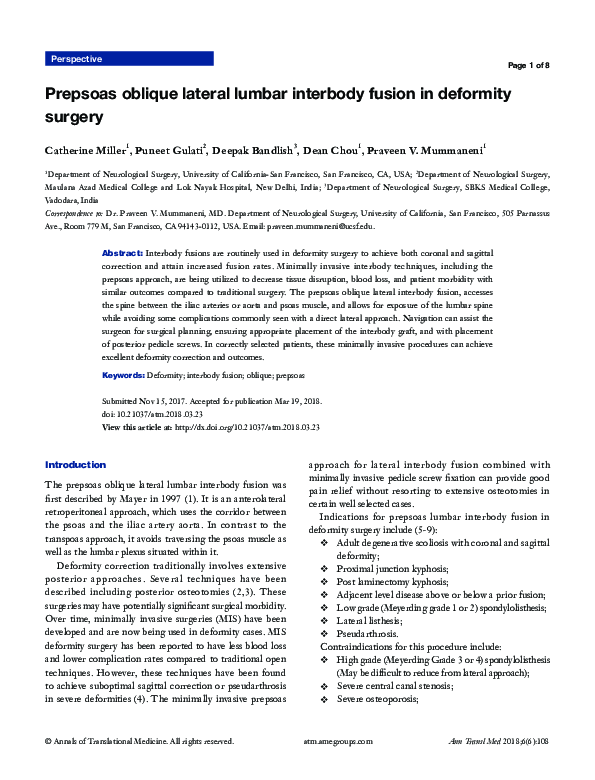 (PDF) Prepsoas oblique lateral lumbar interbody fusion in deformity surgery