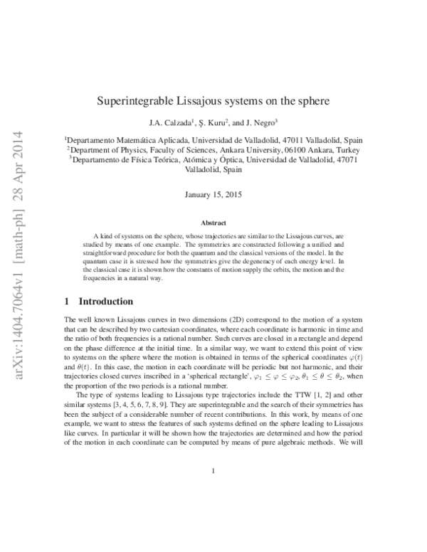 (PDF) Superintegrable Lissajous systems on the sphere