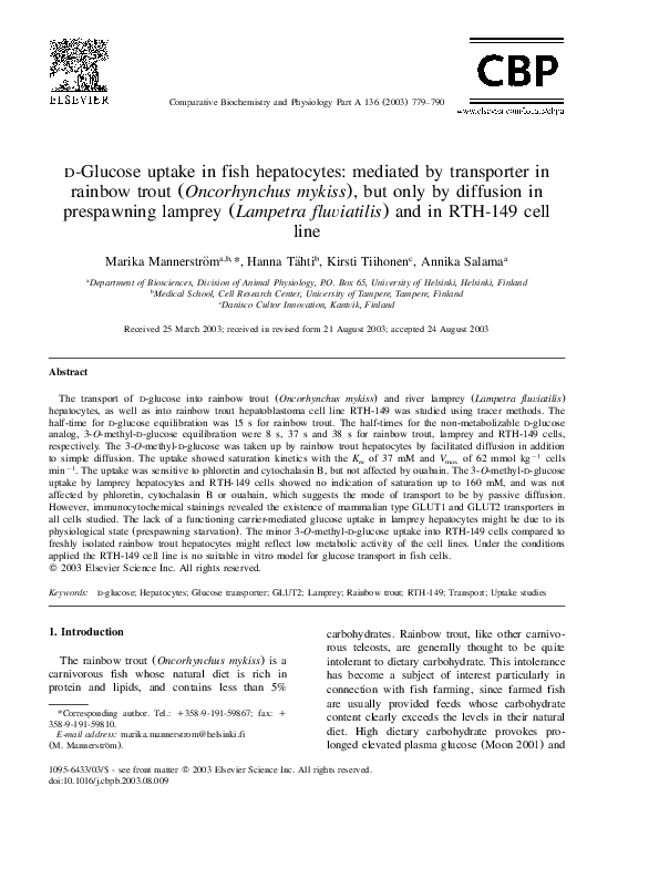 (PDF) d-Glucose uptake in fish hepatocytes: mediated by transporter in ...
