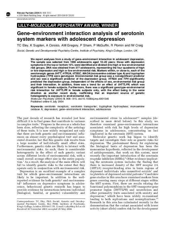 (PDF) Gene–environment interaction analysis of serotonin system markers ...