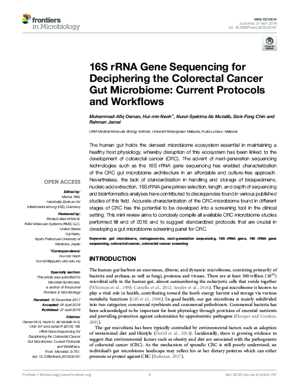 (PDF) 16S rRNA Gene Sequencing for Deciphering the Colorectal Cancer Gut Microbiome: Current ...