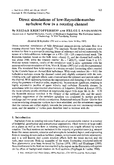 (PDF) Direct simulations of low-Reynolds-number turbulent flow in a rotating channel