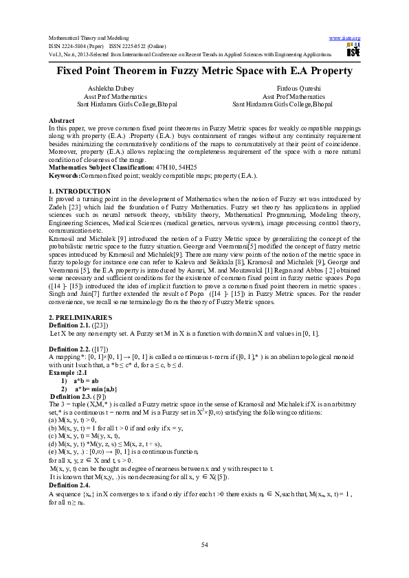(PDF) Fixed Point Theorem in Fuzzy Metric Space with E.A Property