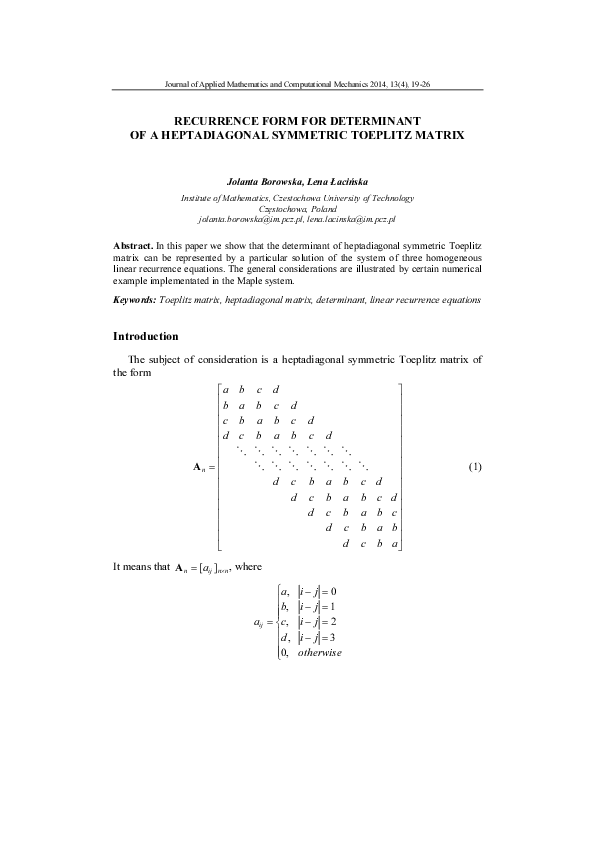 Pdf Recurrence Form For Determinant Of A Heptadiagonal Symmetric Toeplitz Matrix