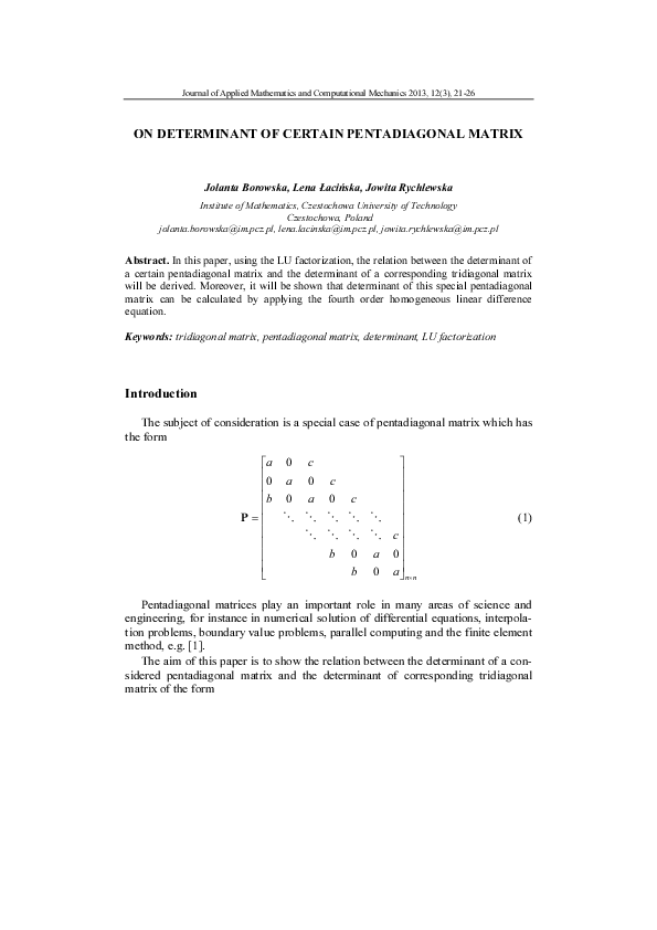 (PDF) On determinant of certain pentadiagonal matrix