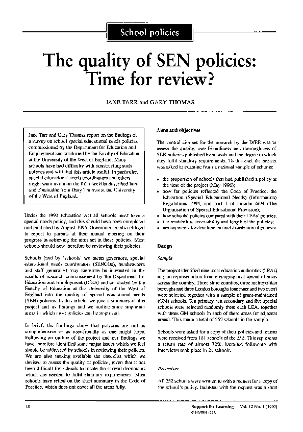 (PDF) The Quality of SEN Policies: Time for Review? | Gary Thomas ...