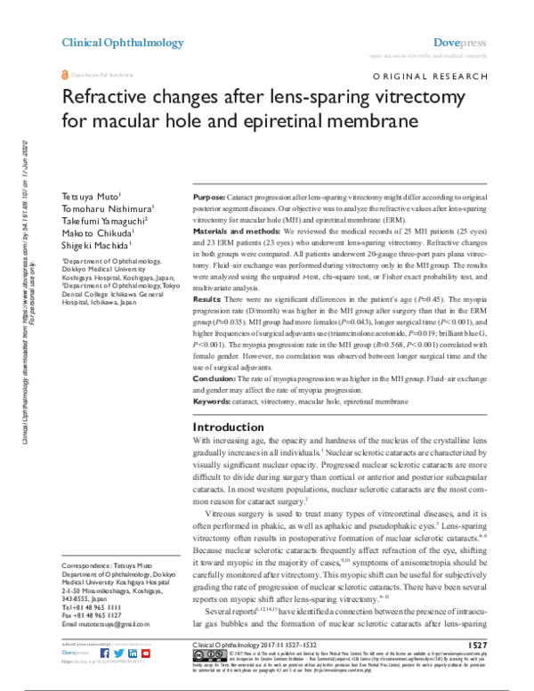 (PDF) Refractive changes after lens-sparing vitrectomy for macular hole ...
