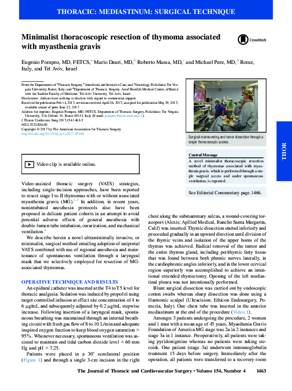 (PDF) Minimalist thoracoscopic resection of thymoma associated with myasthenia gravis