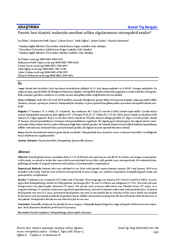 (PDF) Parotis Bezi Tümörü Nedeniyle Ameliyat Edilen Olgularımızın ...