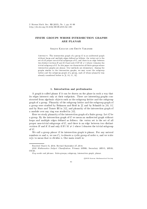 (PDF) Finite Groups Whose Intersection Graphs Are Planar