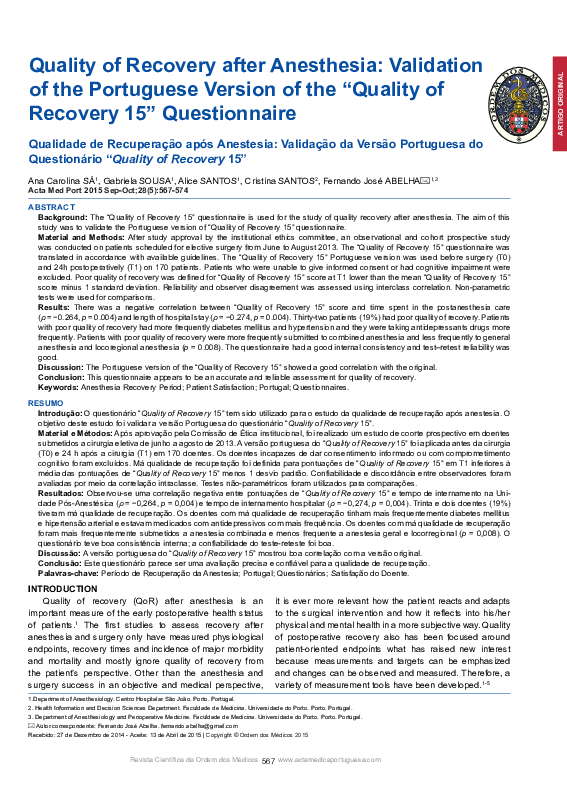 (PDF) Quality of Recovery after Anesthesia: Validation of the ...