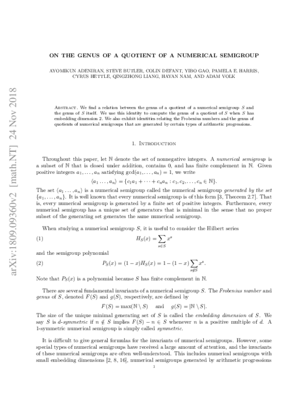 (PDF) On the genus of a quotient of a numerical semigroup