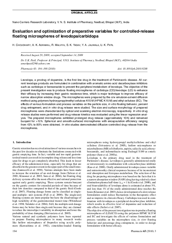 Pdf Evaluation And Optimization Of Preparative Variables For Controlled Release Floating
