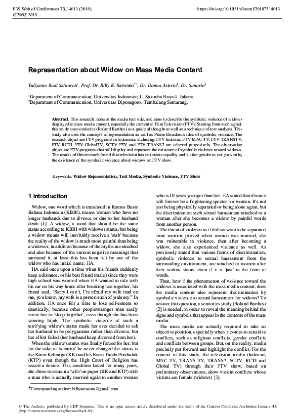 (PDF) Representation about Widow on Mass Media Content