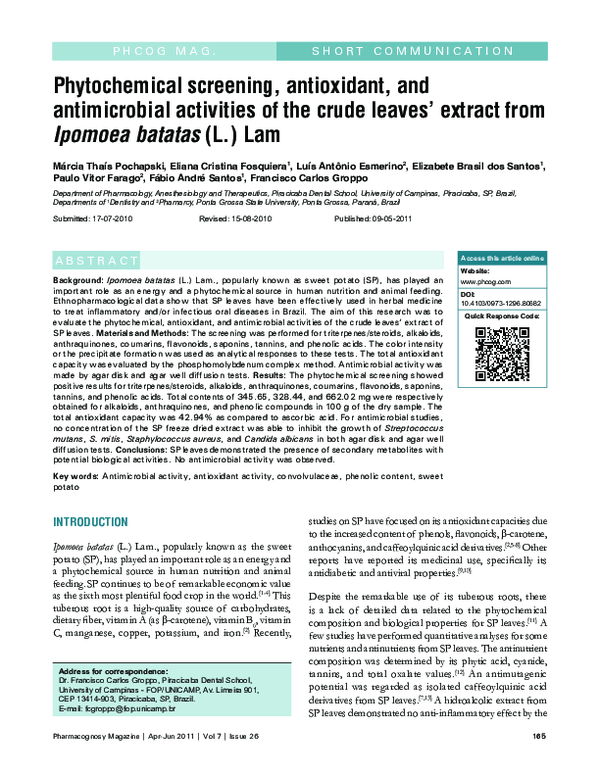 (PDF) Phytochemical screening, antioxidant, and antimicrobial activities of the crude leaves ...