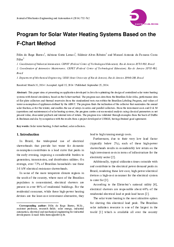 (PDF) Program for Solar Water Heating Systems Based on the F-Chart Method