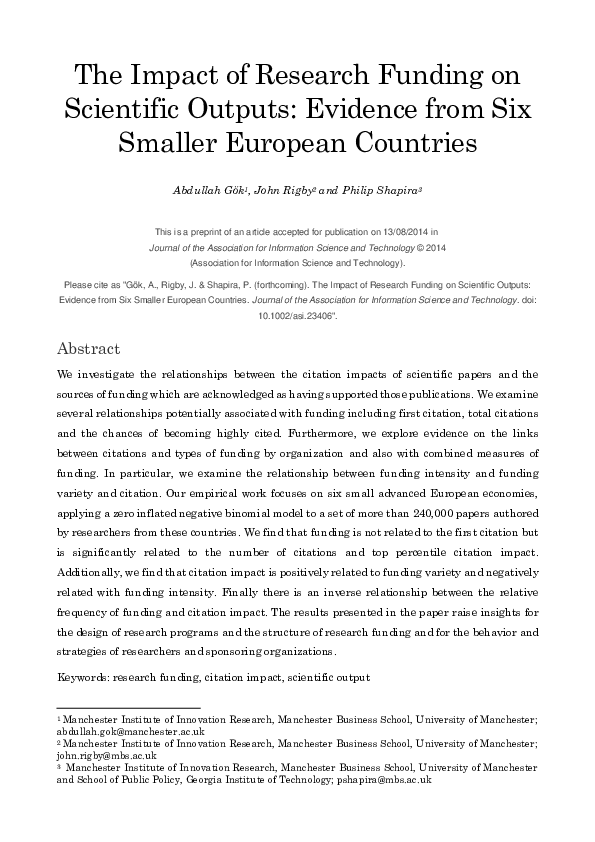 (PDF) The impact of research funding on scientific outputs: Evidence ...