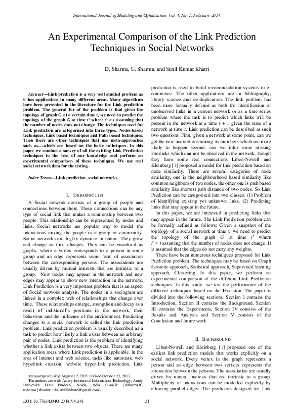 Pdf An Experimental Comparison Of The Link Prediction Techniques In Social Networks