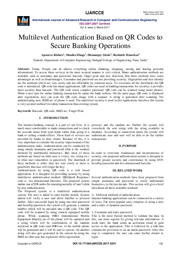 (PDF) Multilevel Authentication Based on QR Codes to Secure Banking Operations