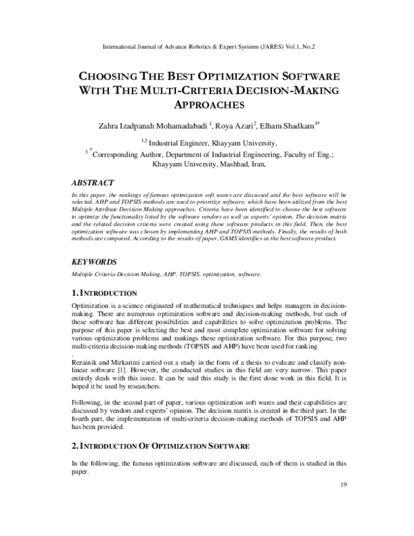 Pdf Choosing The Best Optimization Software With The Multi Criteria Decision Making Approaches