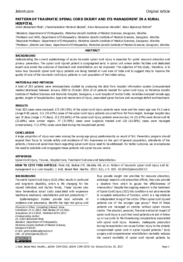 (PDF) Pattern of Traumatic Spinal Cord Injury and Its Management in a ...