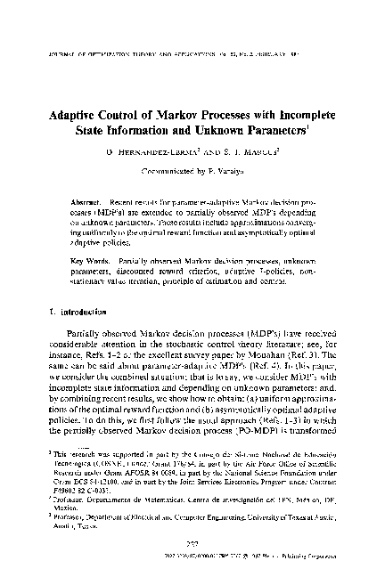 (PDF) Adaptive control of Markov processes with incomplete state information and unknown ...