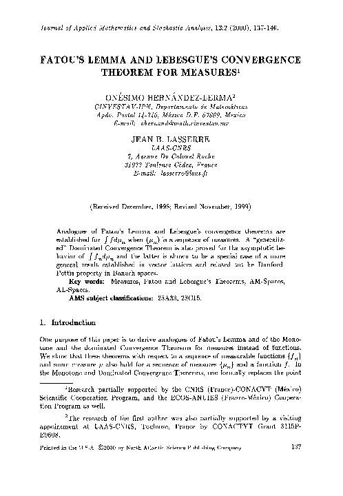 (PDF) Fatou's Lemma and Lebesgue's convergence theorem for measures